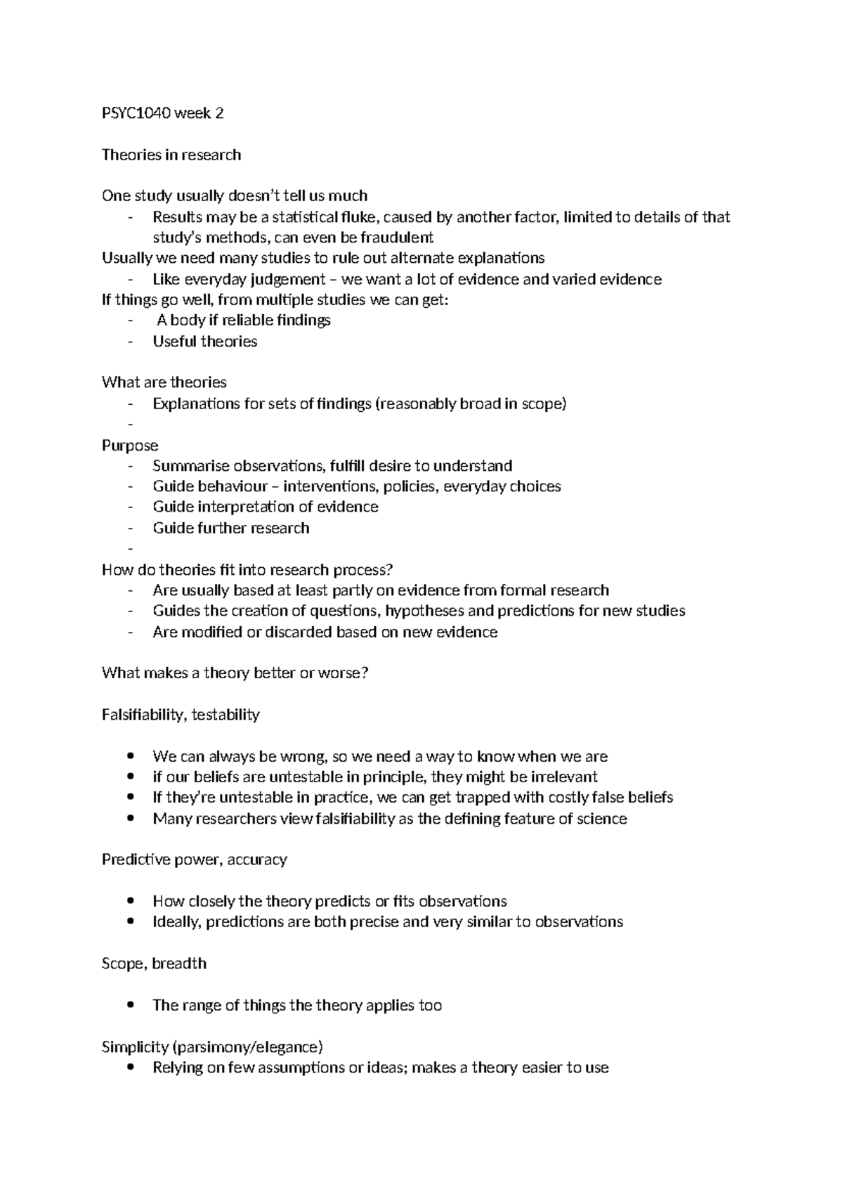 psych week 2 notes - PSYC1040 week 2 Theories in research One study ...