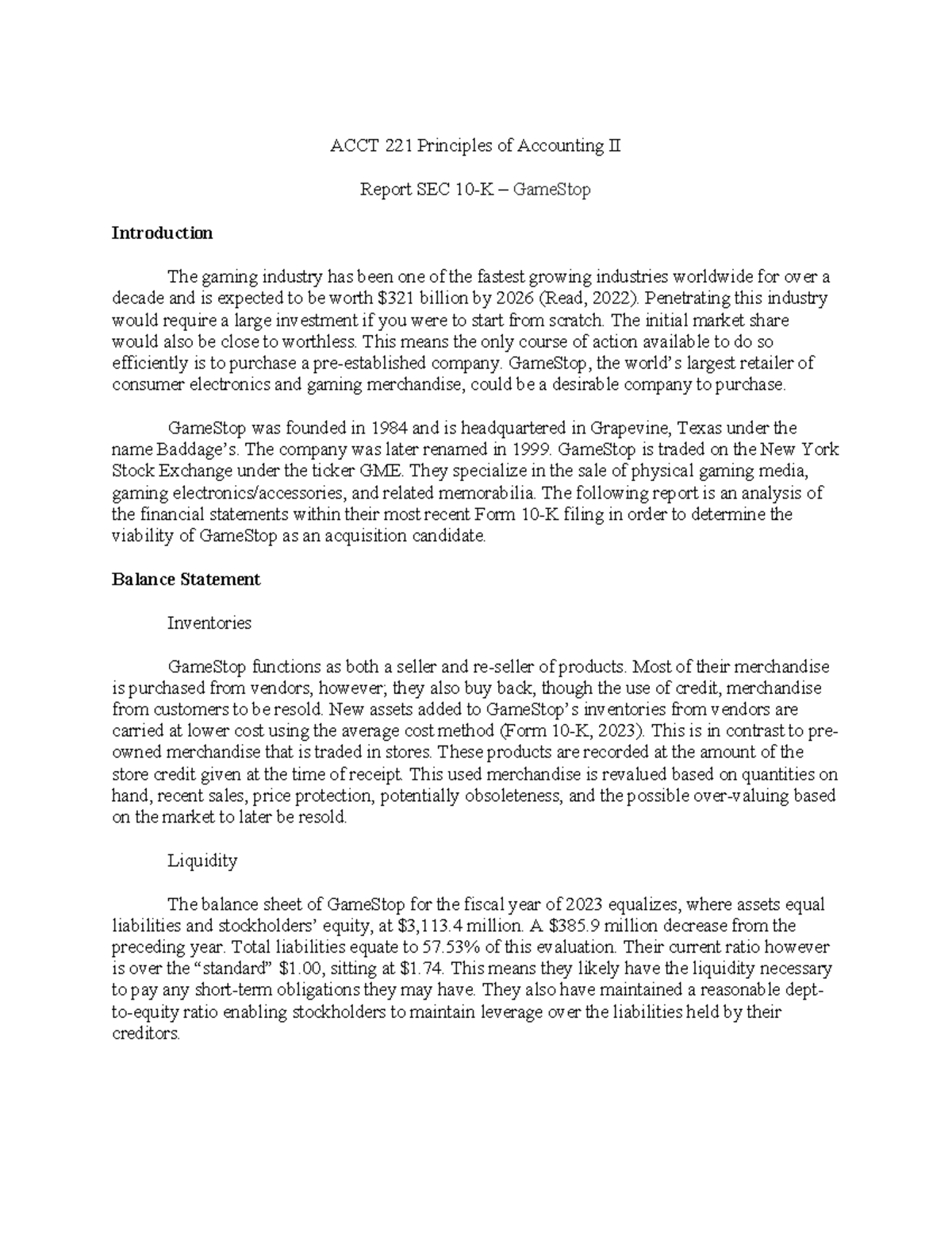 Report SEC 10-K – Game Stop - ACCT 221 Principles of Accounting II ...