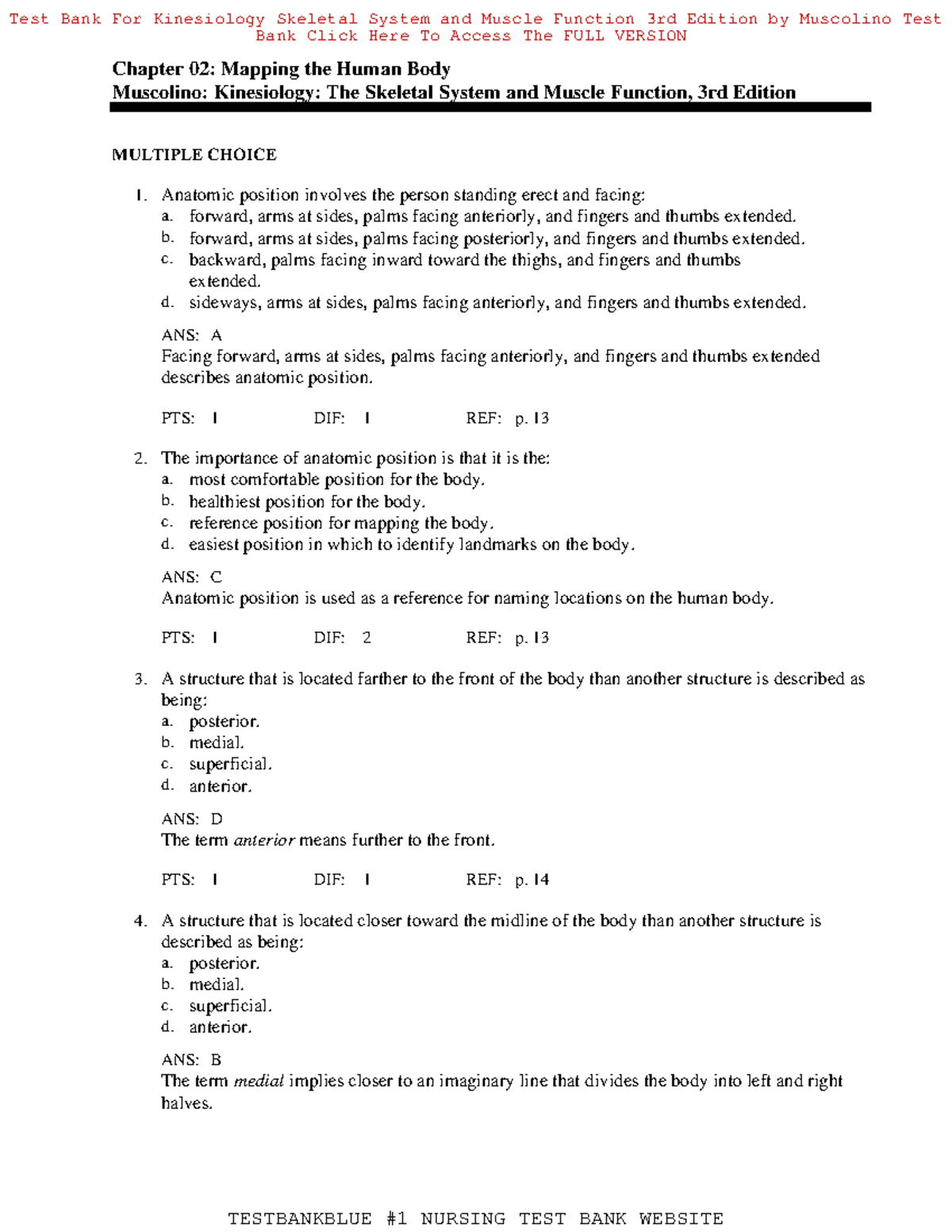 Test Bank for Kinesiology Skeletal System and Muscle Function 3rd ...