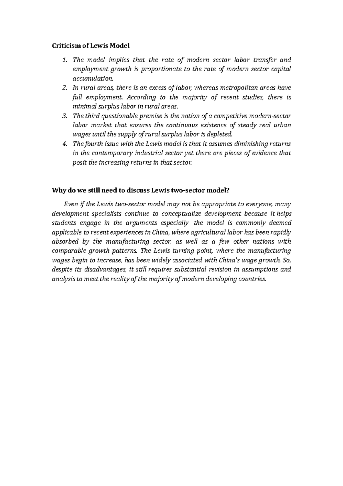 Criticism of Lewis Model - In rural areas, there is an excess of labor ...