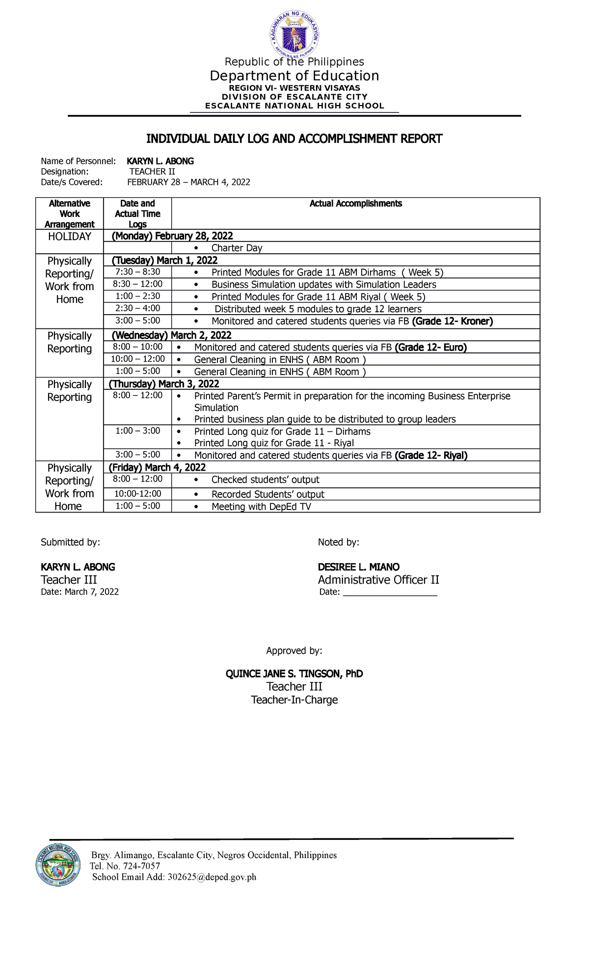 Individual Daily LOG AND Accomplishment Report - INDIVIDUAL DAILY LOG ...