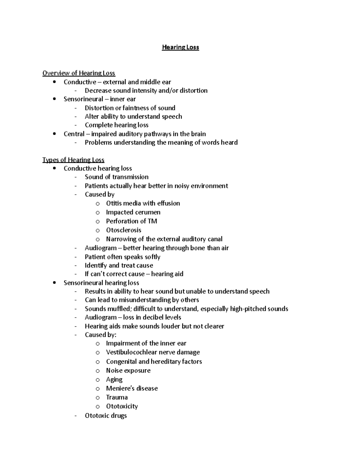 Hearing Loss notes - Hearing Loss Overview of Hearing Loss Conductive ...