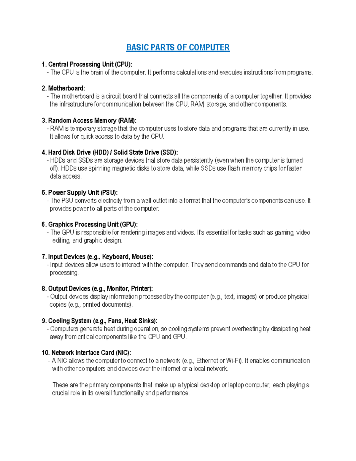 Basic Parts of Computer Comp002 - BASIC PARTS OF COMPUTER Central ...