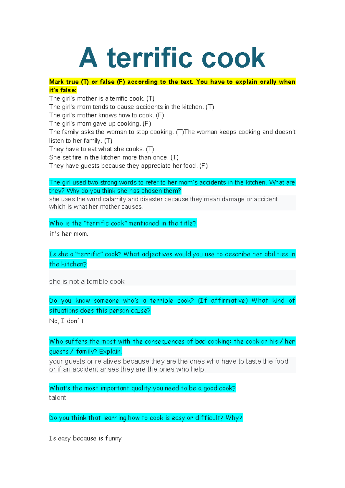 A terrific cook - A terrific cook Mark true (T) or false (F) according ...
