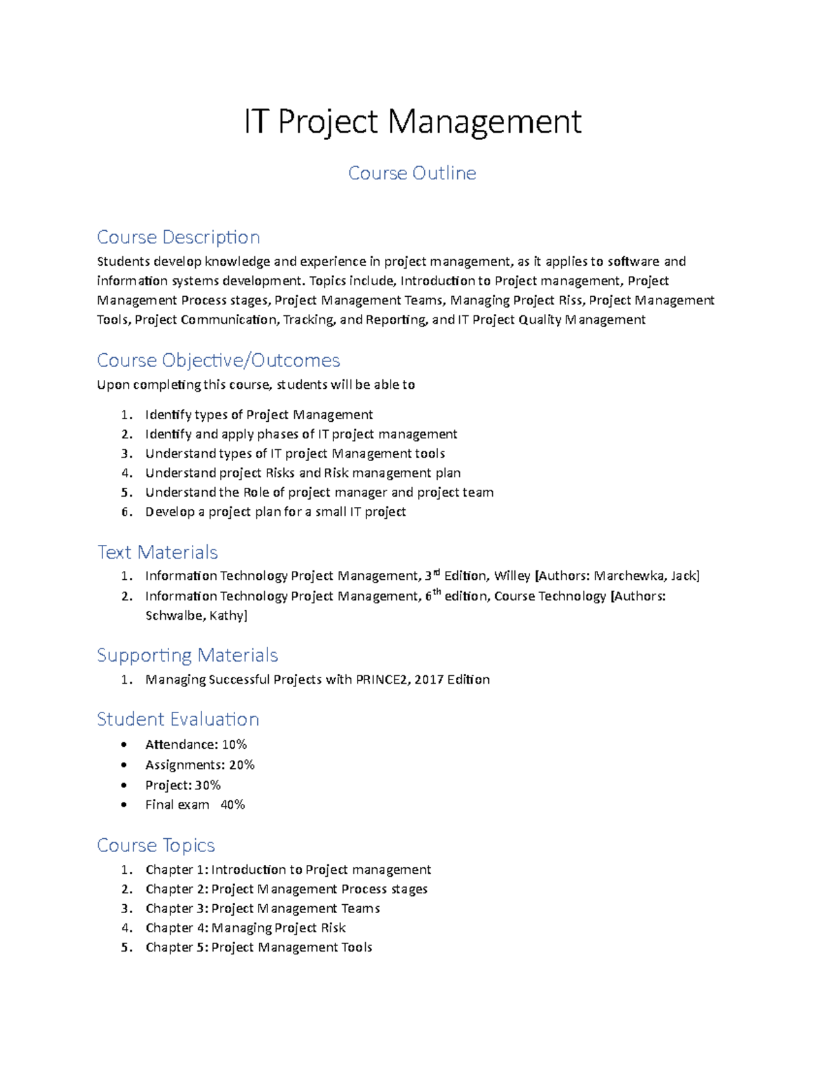 IT Project Management Course Outline - IT Project Management Course ...