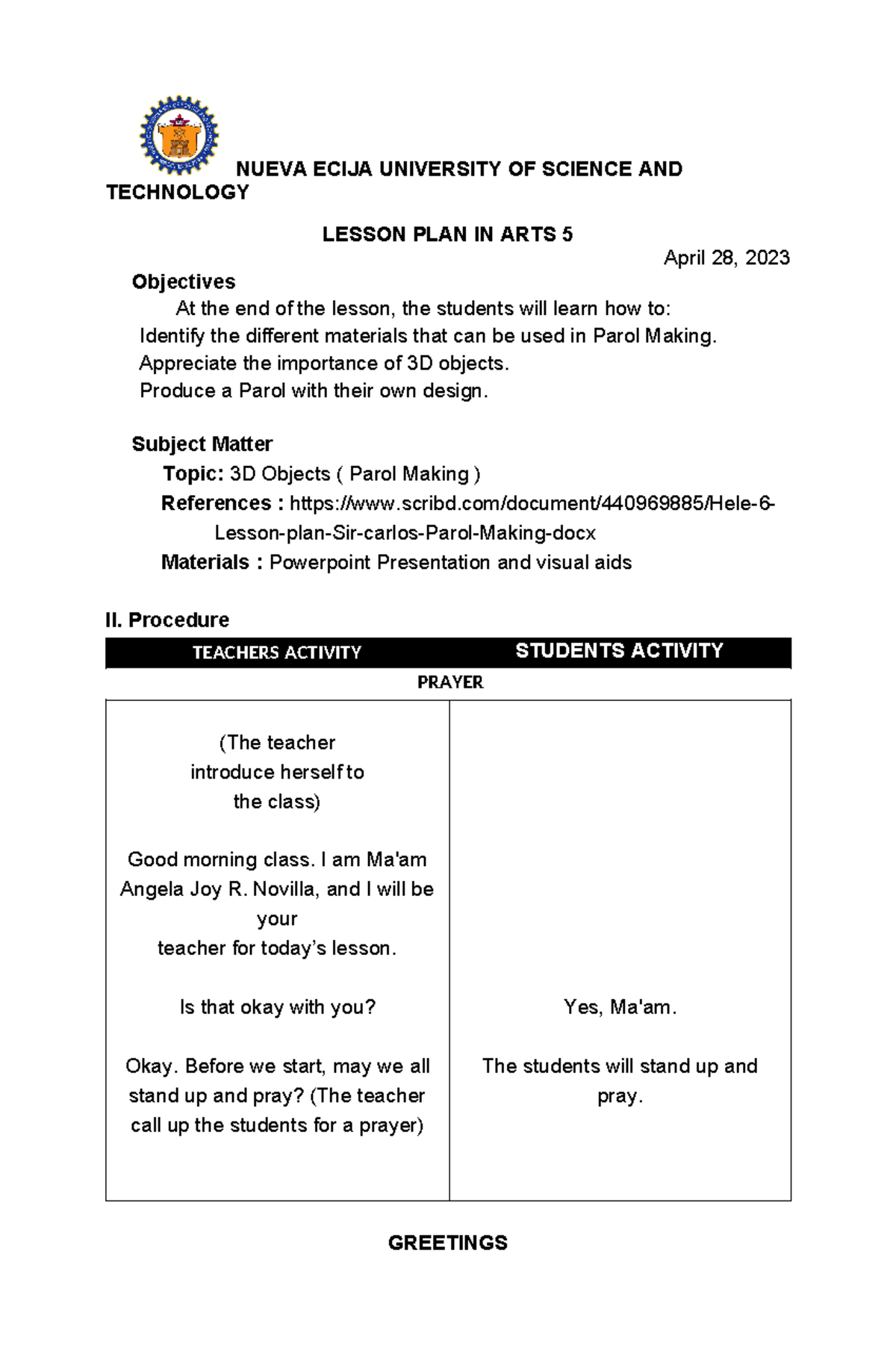 Lesson-PLAN-ARTS - NUEVA ECIJA UNIVERSITY OF SCIENCE AND TECHNOLOGY ...