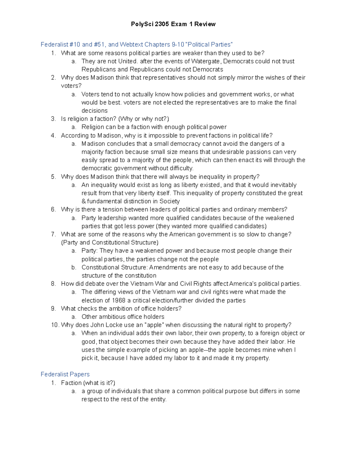 Exam Review 1 - Study guide for exam 1 - Federalist #10 and #51, and ...
