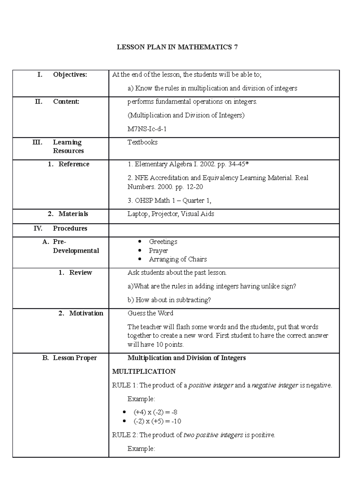 Lesson PLAN IN Mathematics%207 - LESSON PLAN IN MATHEMATICS 7 I ...