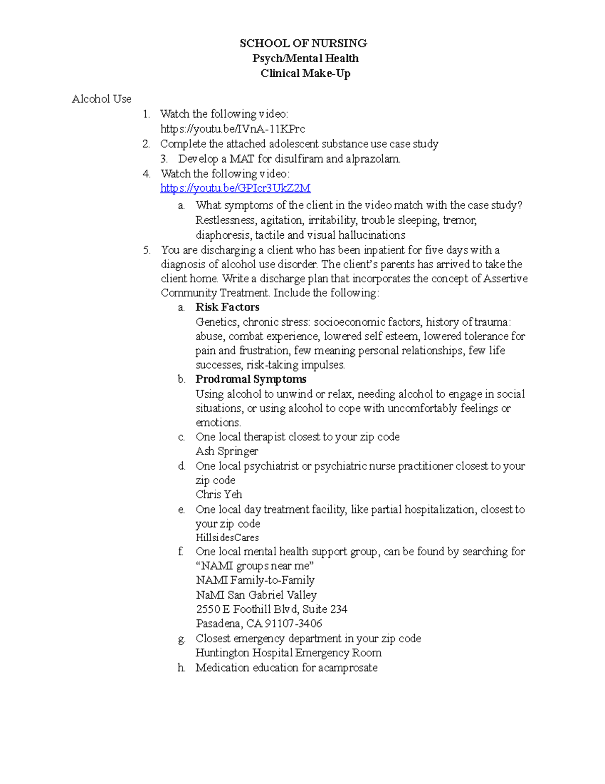 Week 8 Assignment - Case studies - SCHOOL OF NURSING Psych/Mental ...