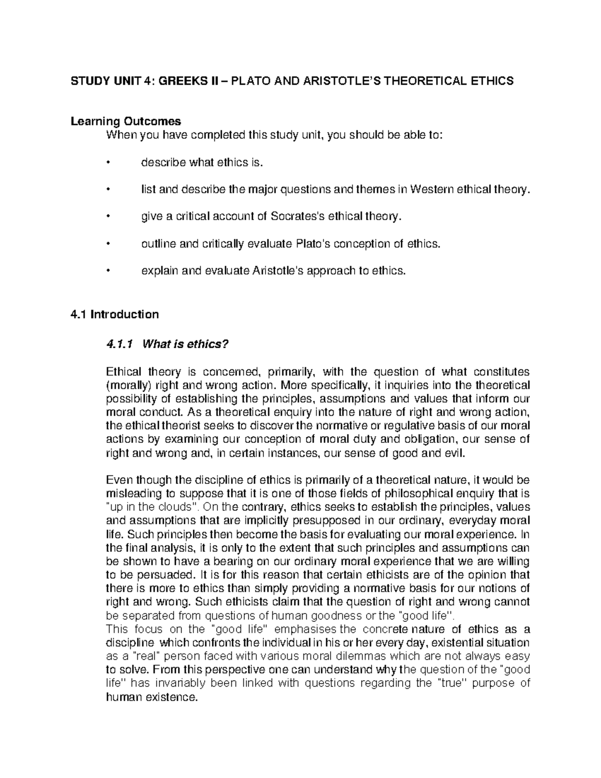 Study UNIT 4 - STUDY UNIT 4: GREEKS II – PLATO AND ARISTOTLE’S ...