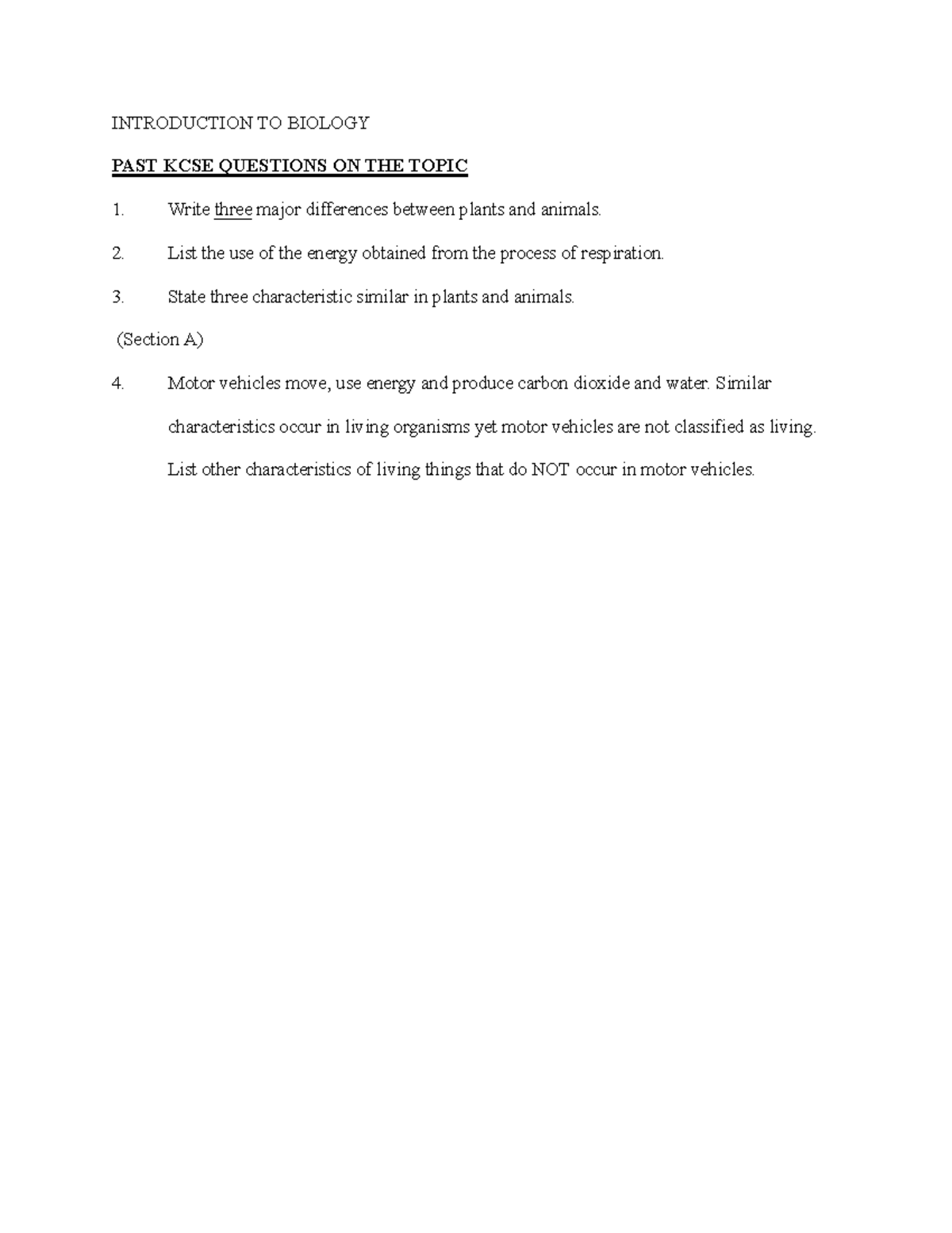 FORM 1 Introduction TO Biology Questions Teacher - INTRODUCTION TO ...