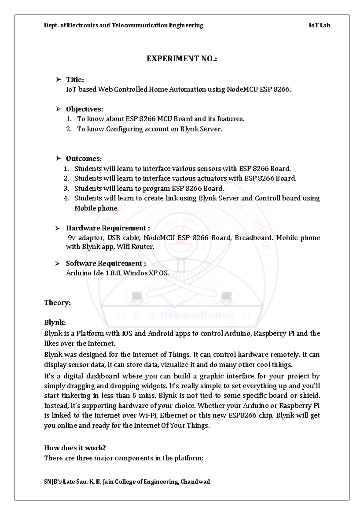 Expt-6 - Home automation - EXPERIMENT NO.: Title: IoT based Web Controlled Home Automation using ...