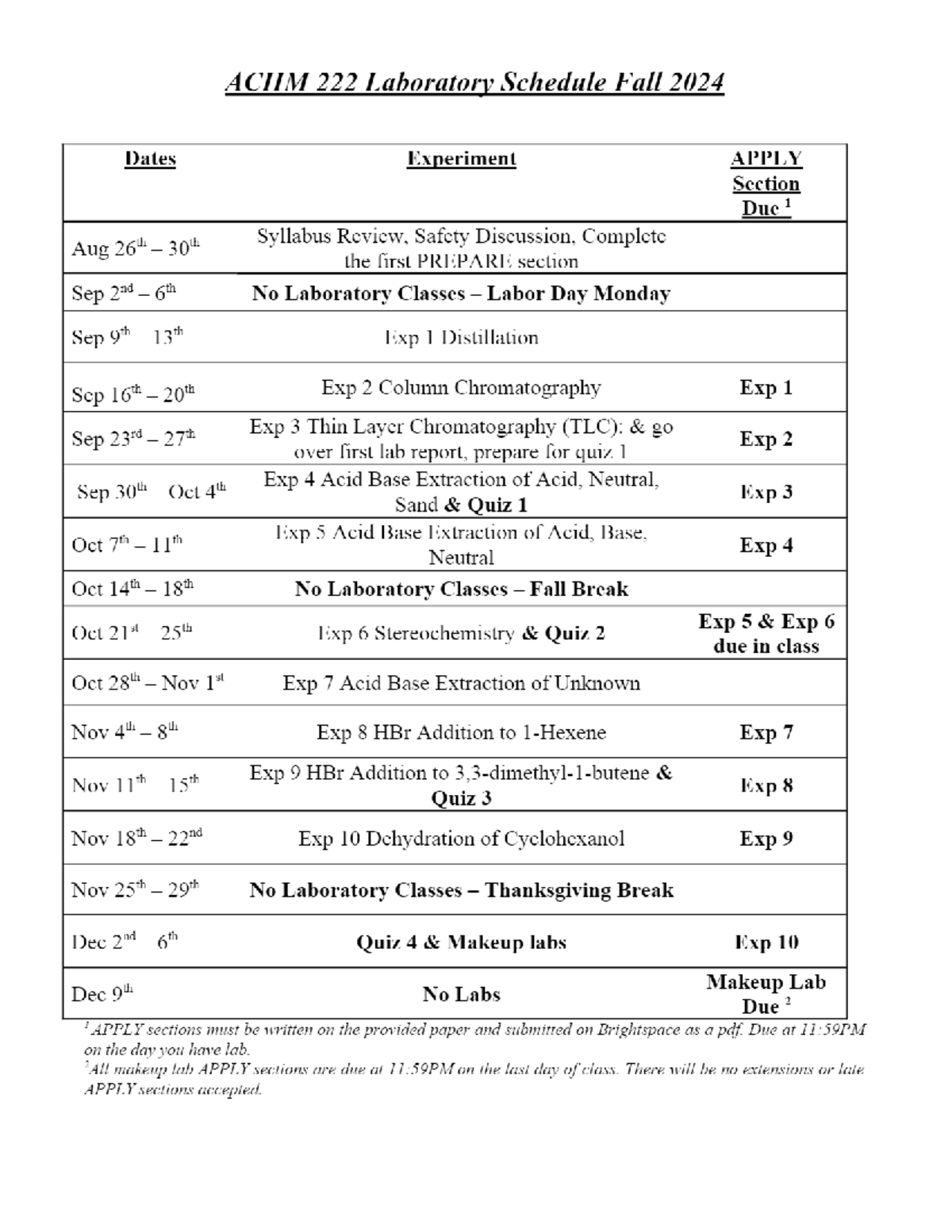 Schedule Organic Chemistry Laboratory I - ACHM Laboratory Schedule Fall ...