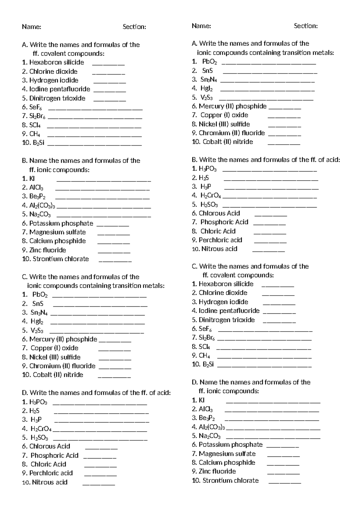 Quiz for naming and wrting ionic formula - Name: Section: A. Write the ...