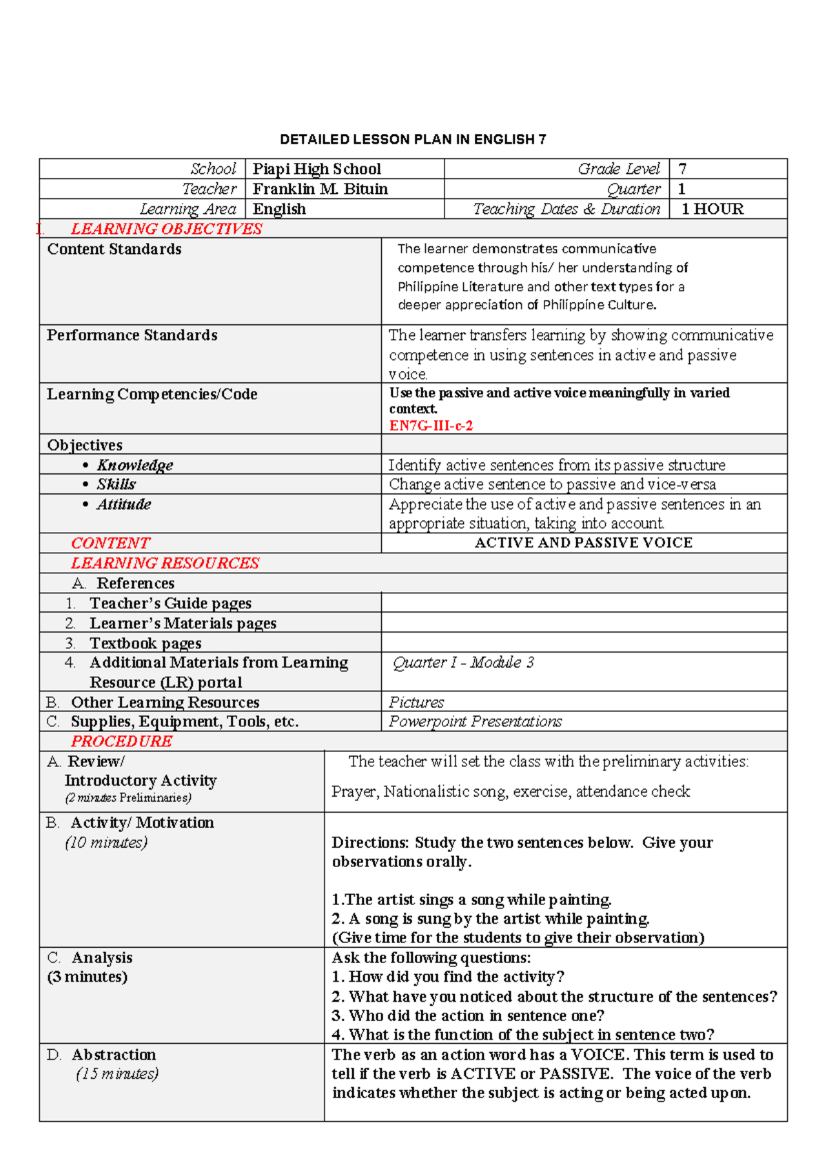 Detailed Lesson PLAN IN English 7 (Active and Passive Voices ...