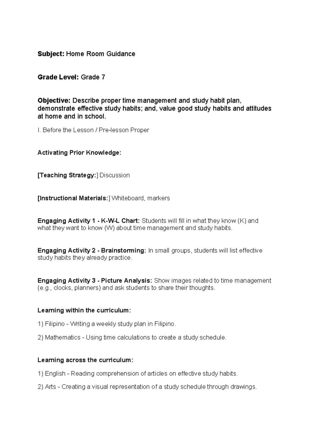 Lesson plan - hgp - Subject: Home Room Guidance Grade Level: Grade 7 ...