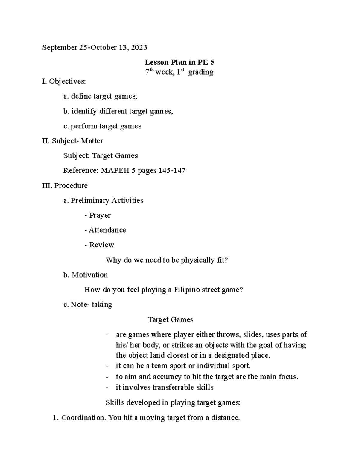 Week7 target games - RTECTERT - September 25-October 13, 2023 Lesson ...