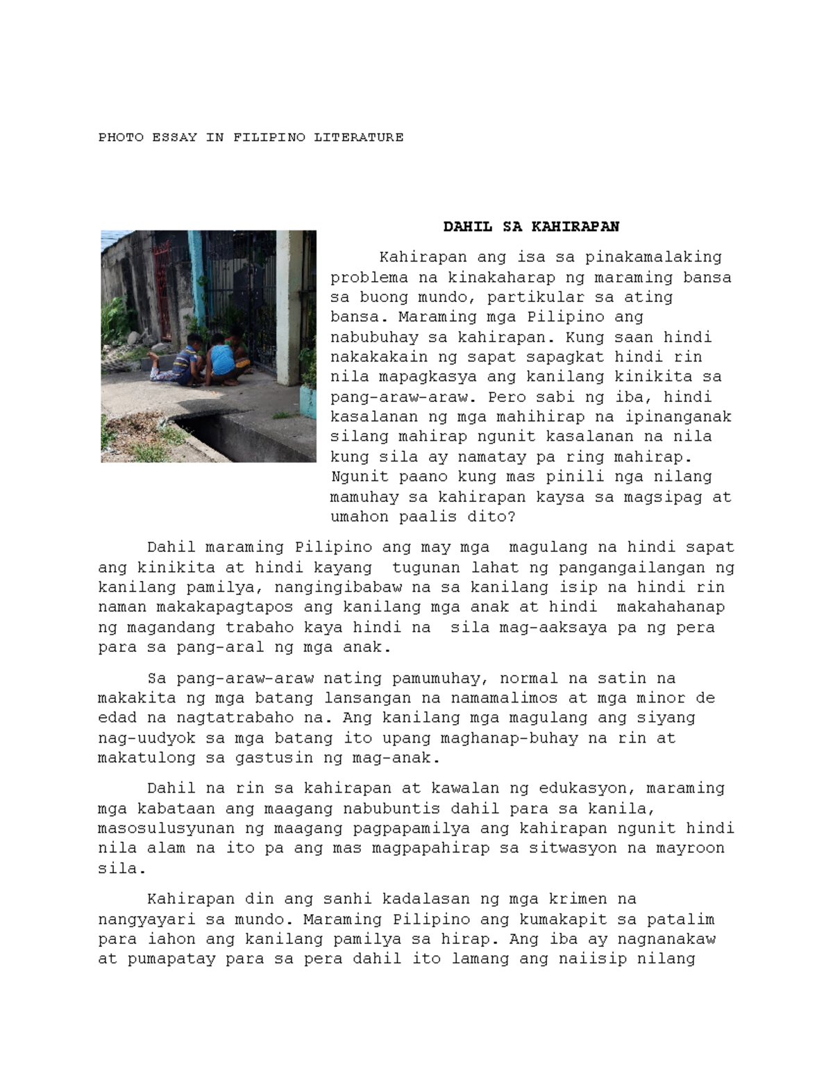 Photoessay In Filipino Literature PHOTO ESSAY IN FILIPINO LITERATURE 