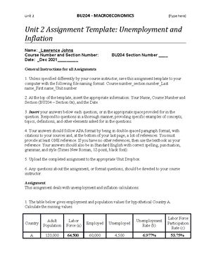BU 204 Unit2 Assignment - Unit 2 Assignment Template: Unemployment and Inflation Name: Kara ...