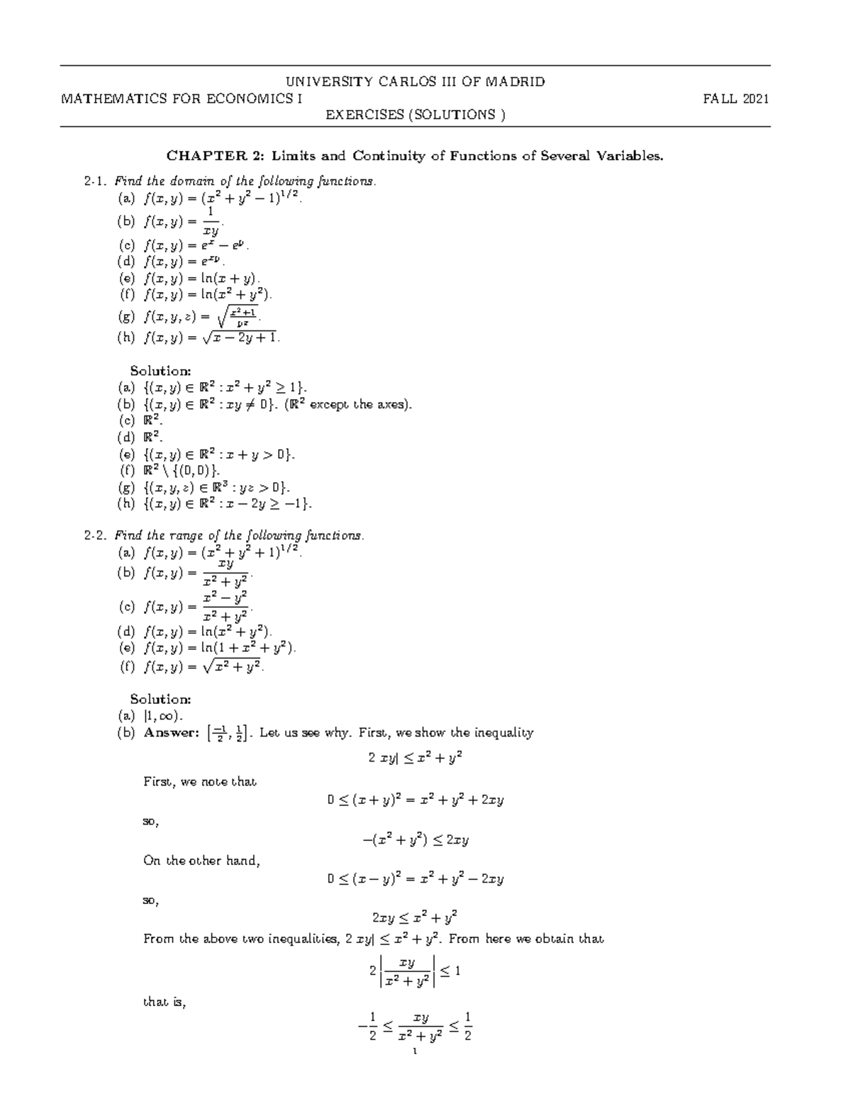 Hoja2 Chapter 2 Limits And Continuity Of Functions Of Several Variables 2 1 The Domain Of