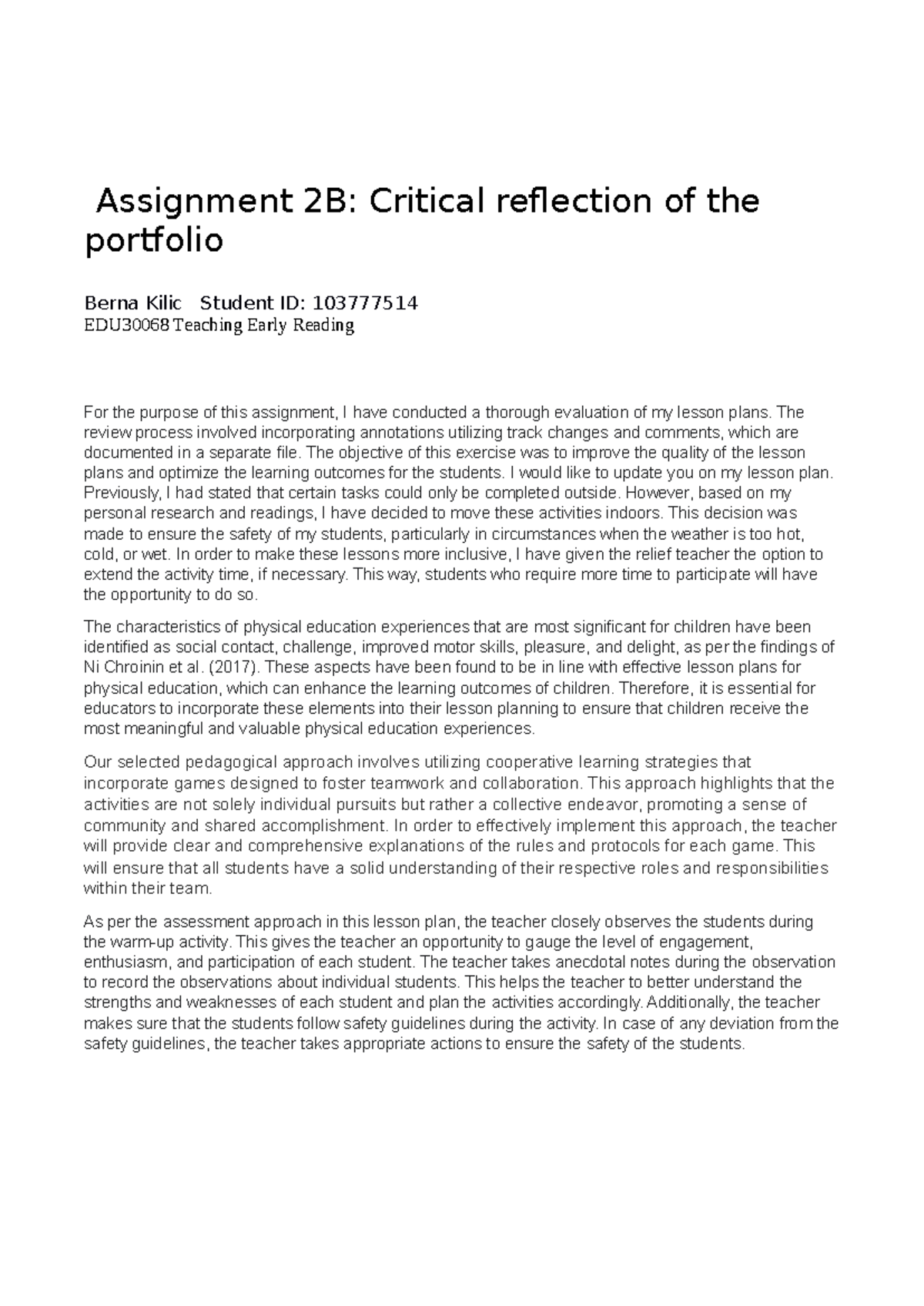 Assignment 2B-berna critical reflection - Assignment 2B: Critical ...