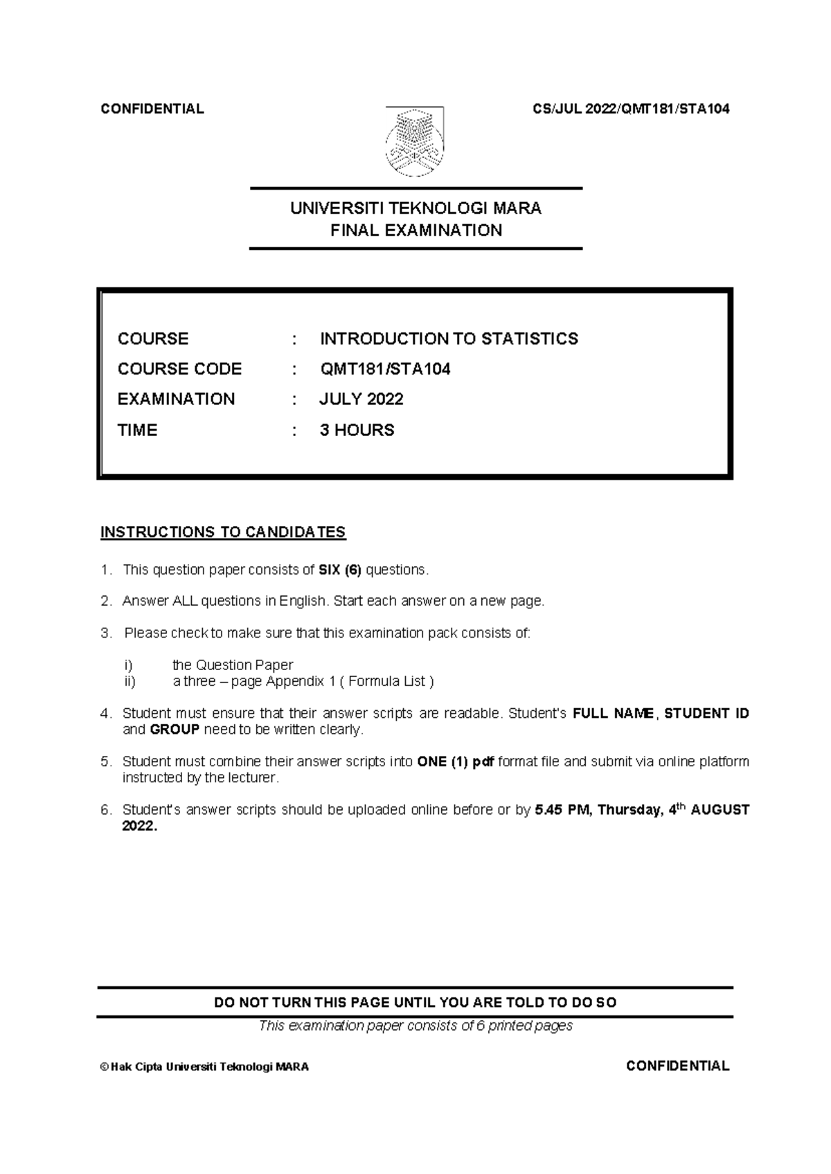 Final Assessment JULY 2022 - COURSE : INTRODUCTION TO STATISTICS COURSE CODE : QMT181/STA - Studocu