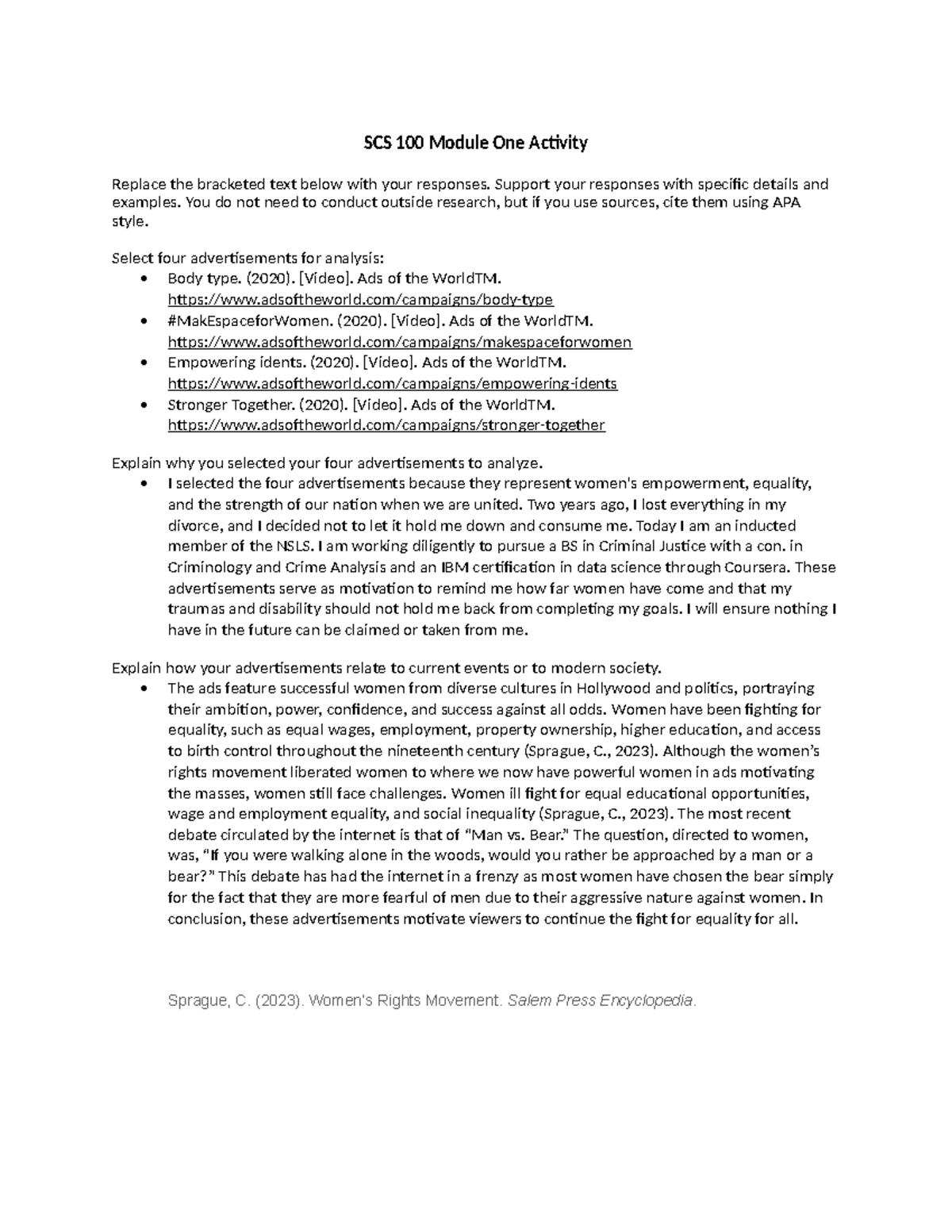 SCS 100 Module One Activity - SCS 100 Module One Activity Replace the ...