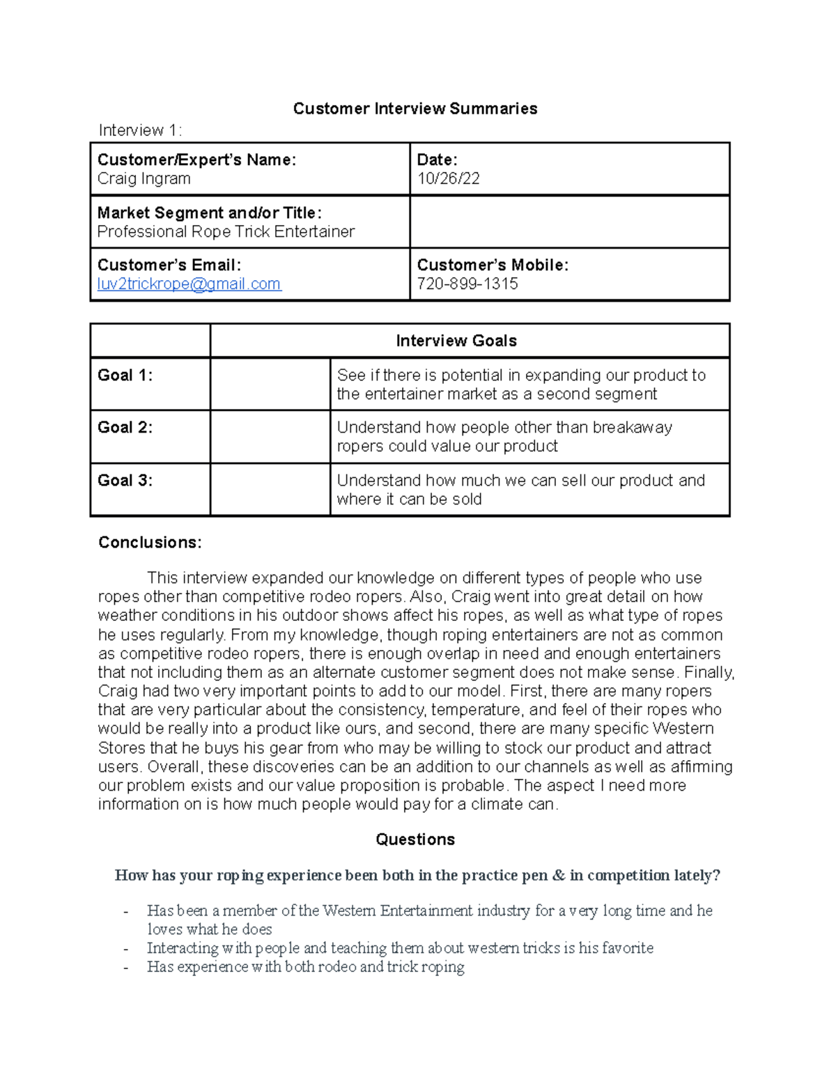 Interview Summaries - Customer Interview Summaries Interview 1 ...