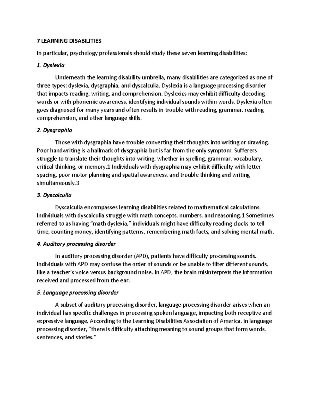 7 Learning Disabilities - 7 LEARNING DISABILITIES In particular ...