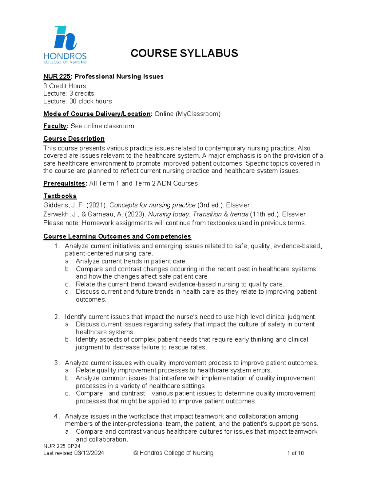 NUR 225 Syllabus SP24 - COURSE SYLLABUS NUR 225 SP NUR 225 ...