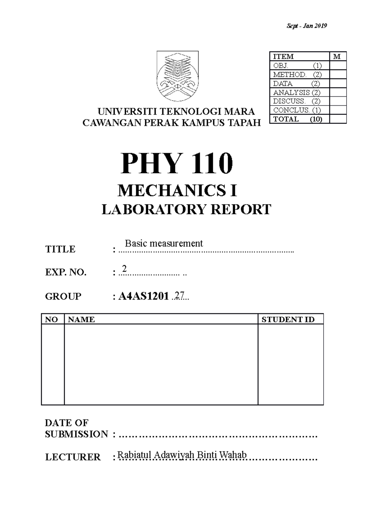 PHY 110 Lab report cover - UNIVERSITI TEKNOLOGI MARA CAWANGAN PERAK ...
