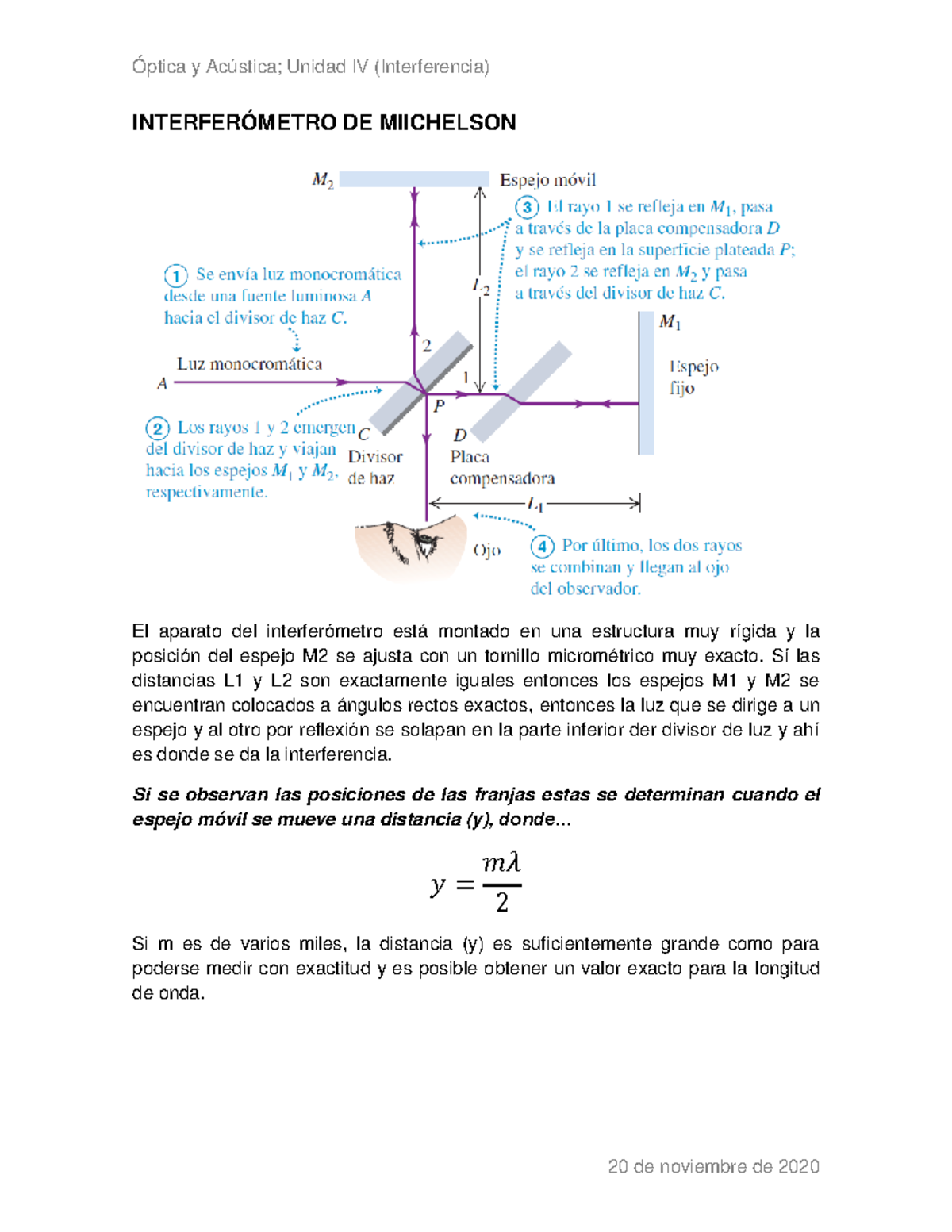 Interferómetro de Miichelson con ejemplos de practica - Óptica y ...