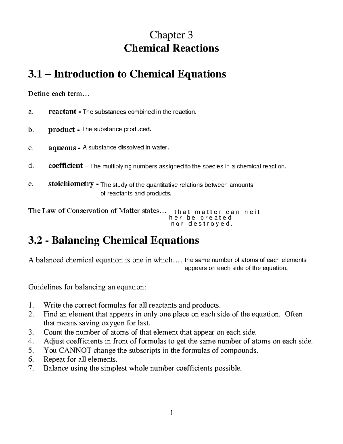 Chapter 3 Text Packet - To be prepared for test - Chapter 3 Chemical ...