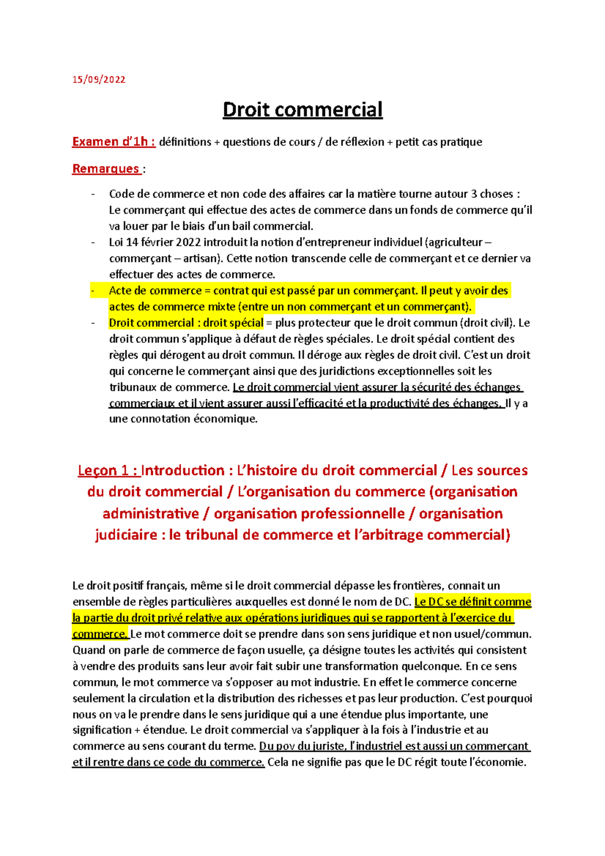 Leçon 1 - jkl innoij joij - 15/09/ Droit commercial Examen d’1h ...