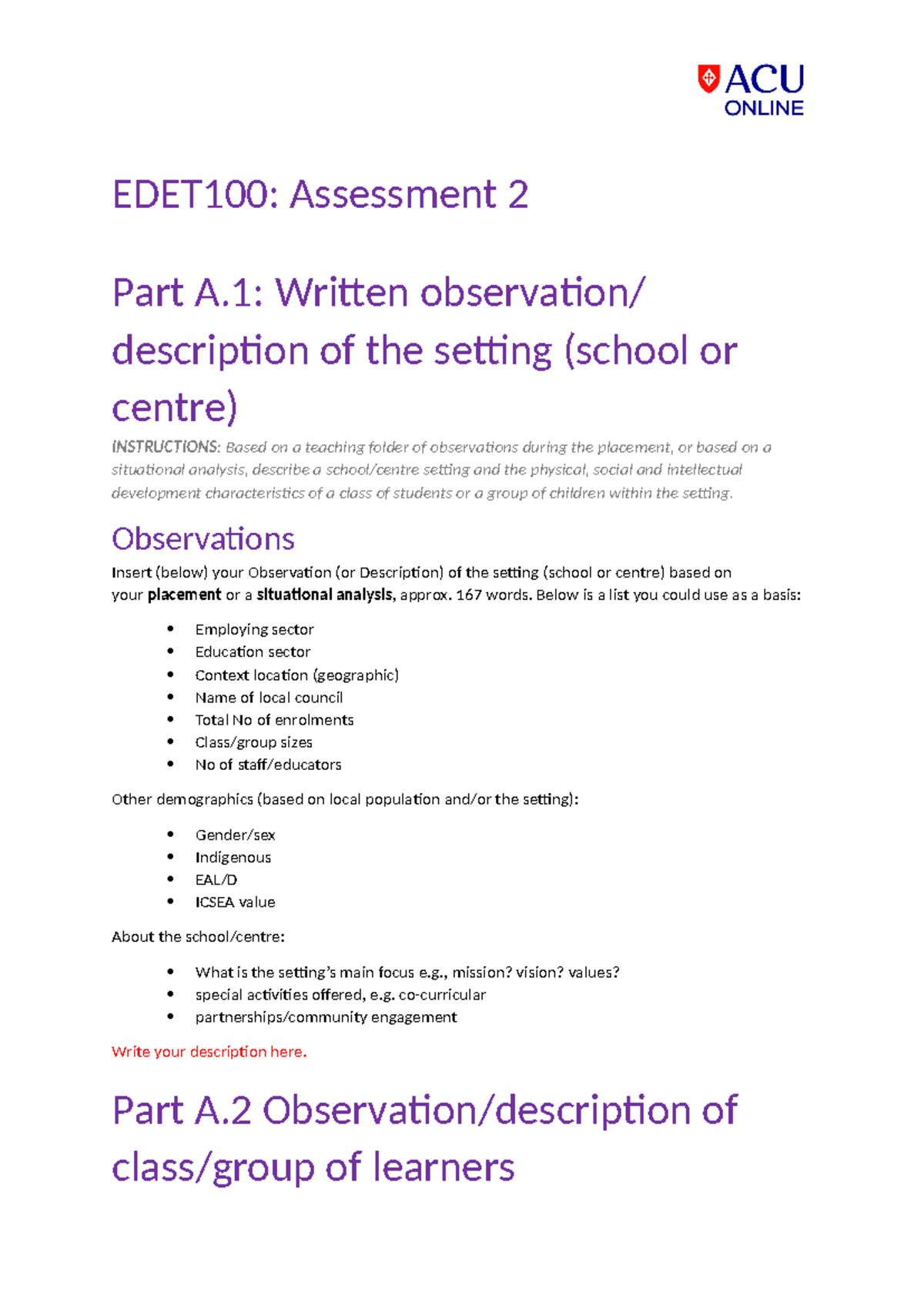 EDTE100 Assessment 2 Part A1 and A2 Template - EDET100: Assessment 2 ...
