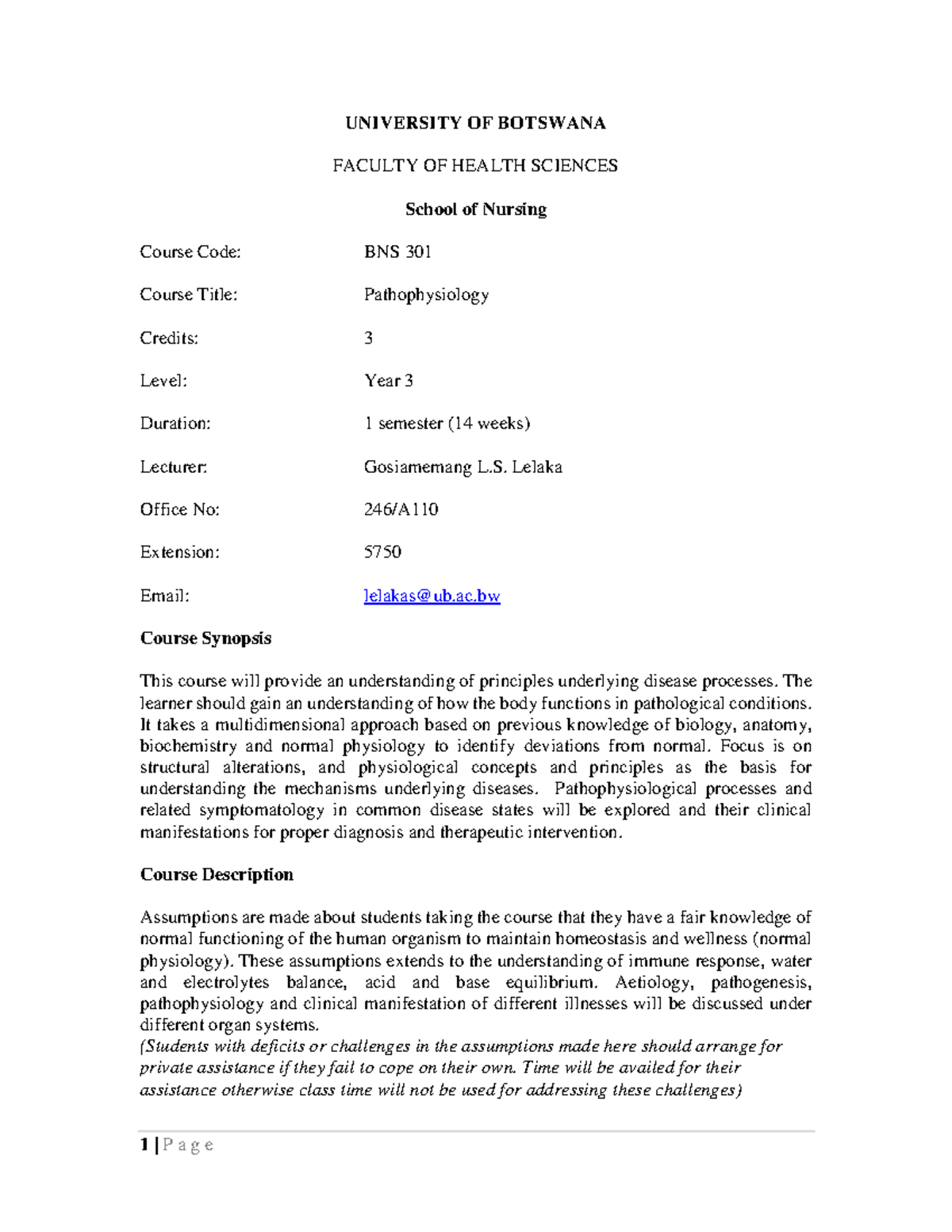 BNS 301 Course Outline (2021) - UNIVERSITY OF BOTSWANA FACULTY OF ...