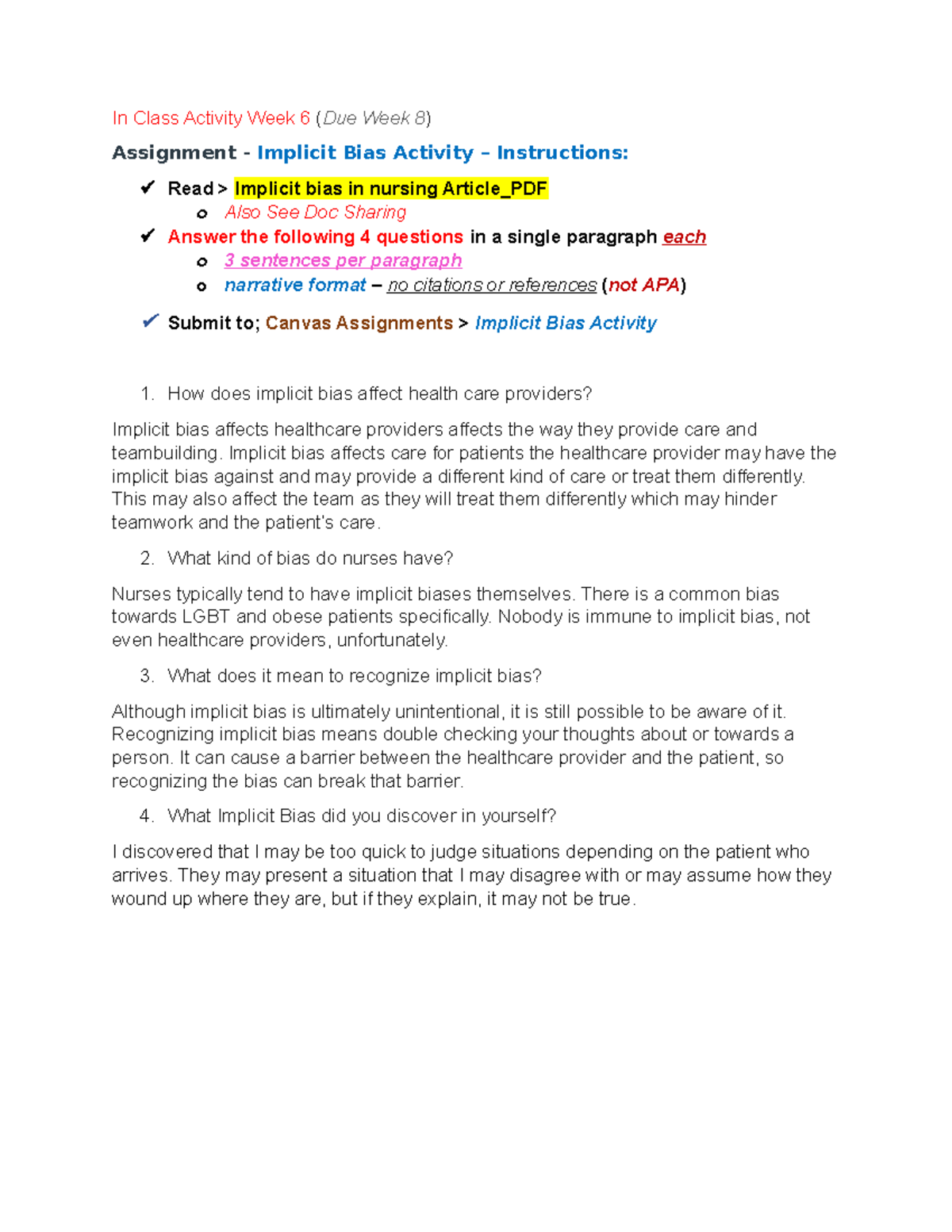 Implicit Bias Assignment Instructions In Class Activity Week 6 Due Week 8 Assignment