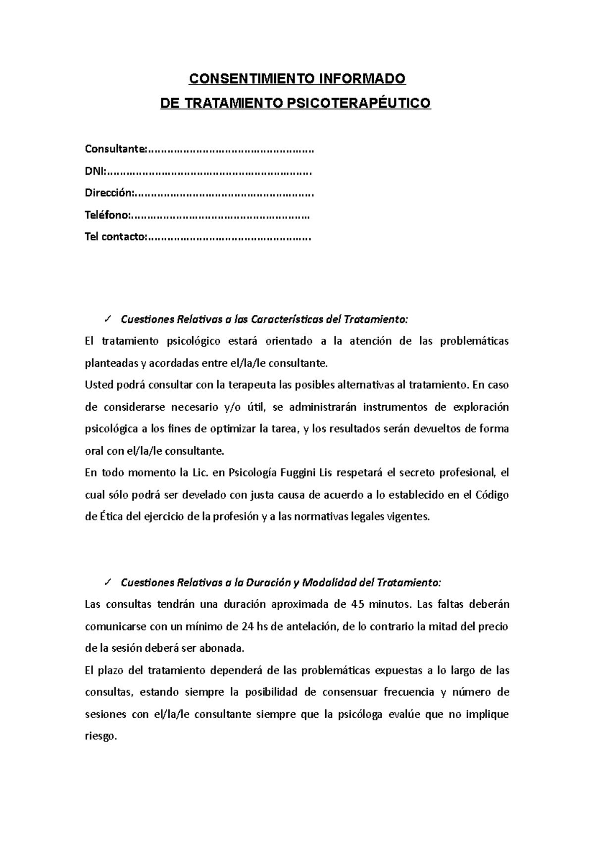 Consentimiento Informado en Psicoterapia - CONSENTIMIENTO INFORMADO DE ...