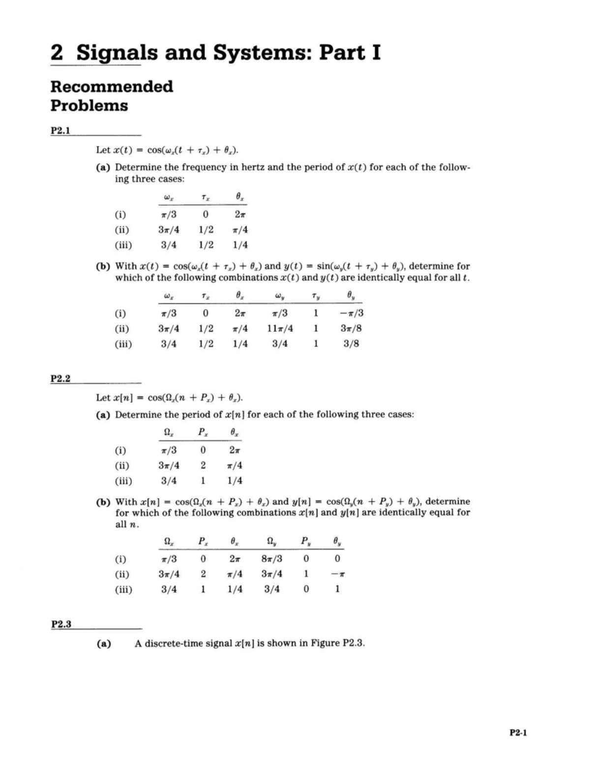 HW2 - HW2 - 2 Signals and Systems: Part I Recommended Problems P2 Let x(t) cos(wx(t Tx) Ox). (a ...
