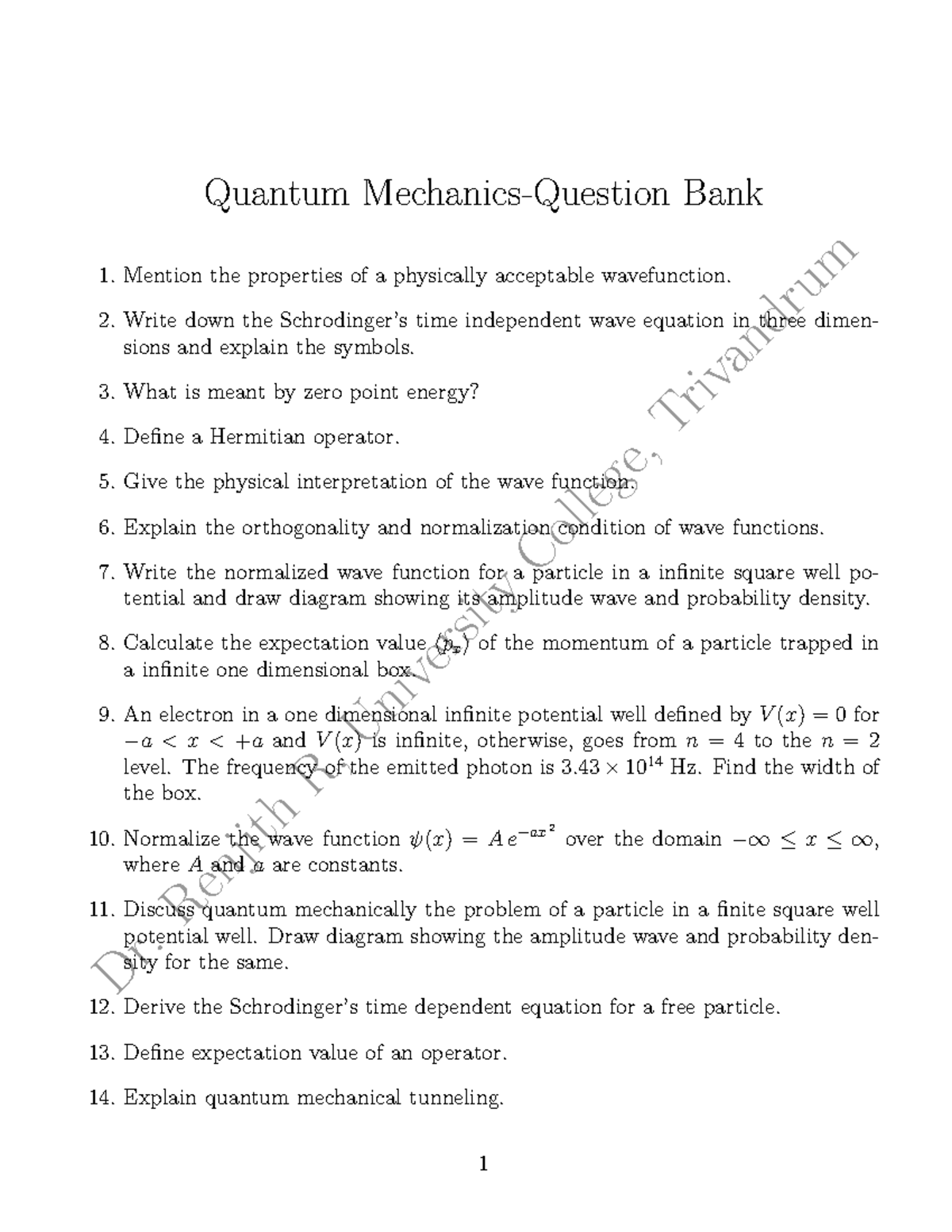 Question bank from quantum mechanics - Dr. Renjith R, University ...
