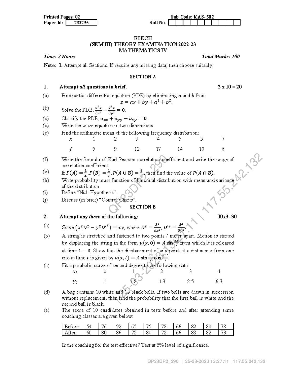 Mathematics IV KAS 302 - Previous year question paper. - QP23DP2_ | 25 ...