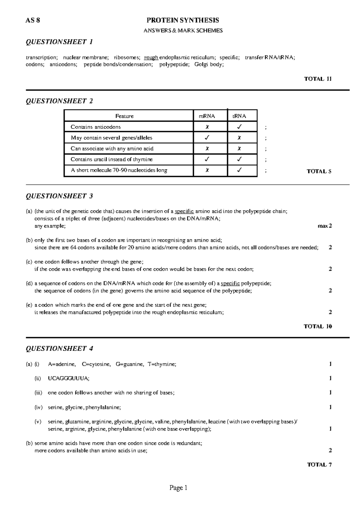 DNA AND RNA answers - quiz - ANSWERS & MARK SCHEMES QUESTIONSHEET 1 ...