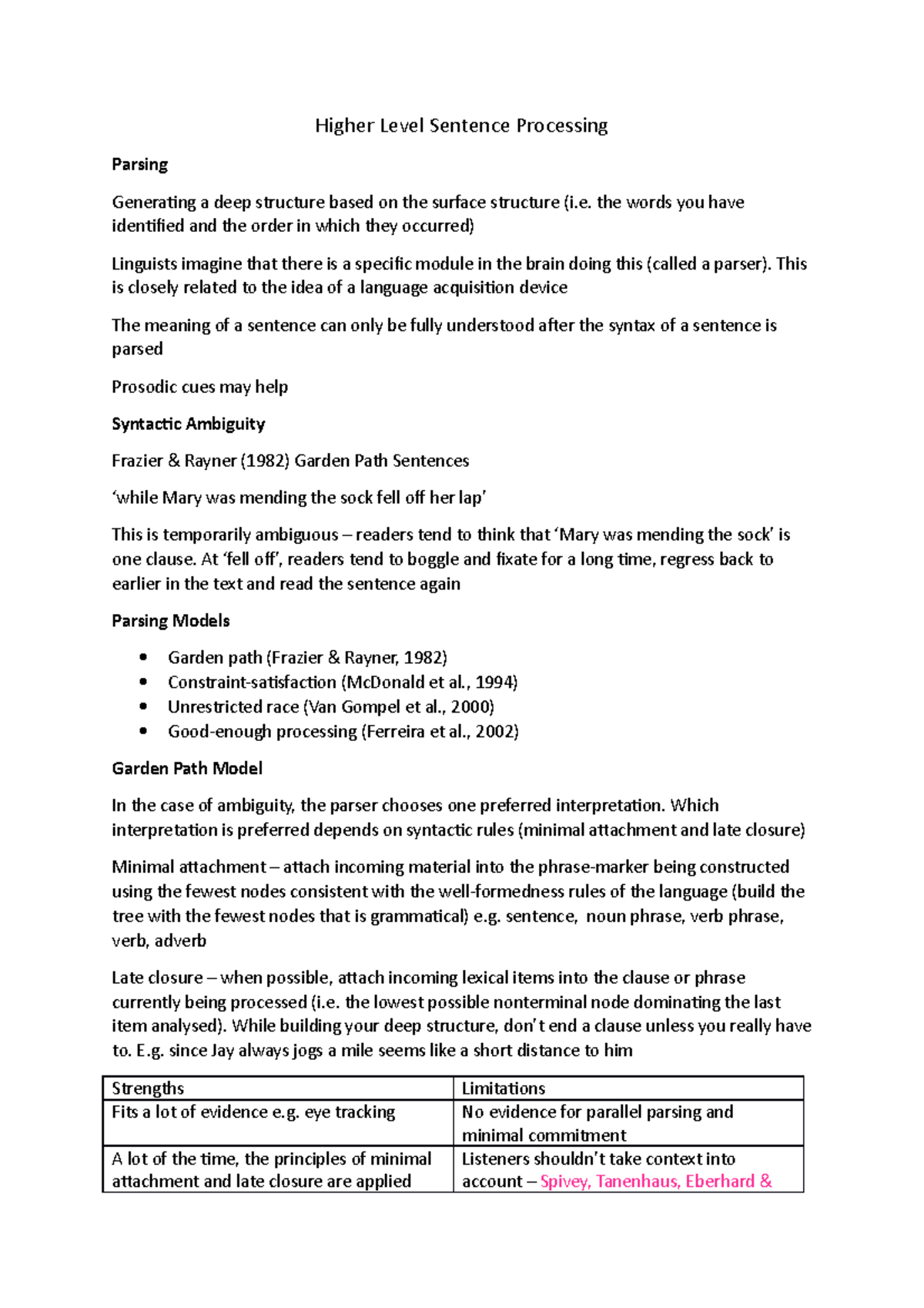 Higher Level Sentence Processing - Higher Level Sentence Processing ...