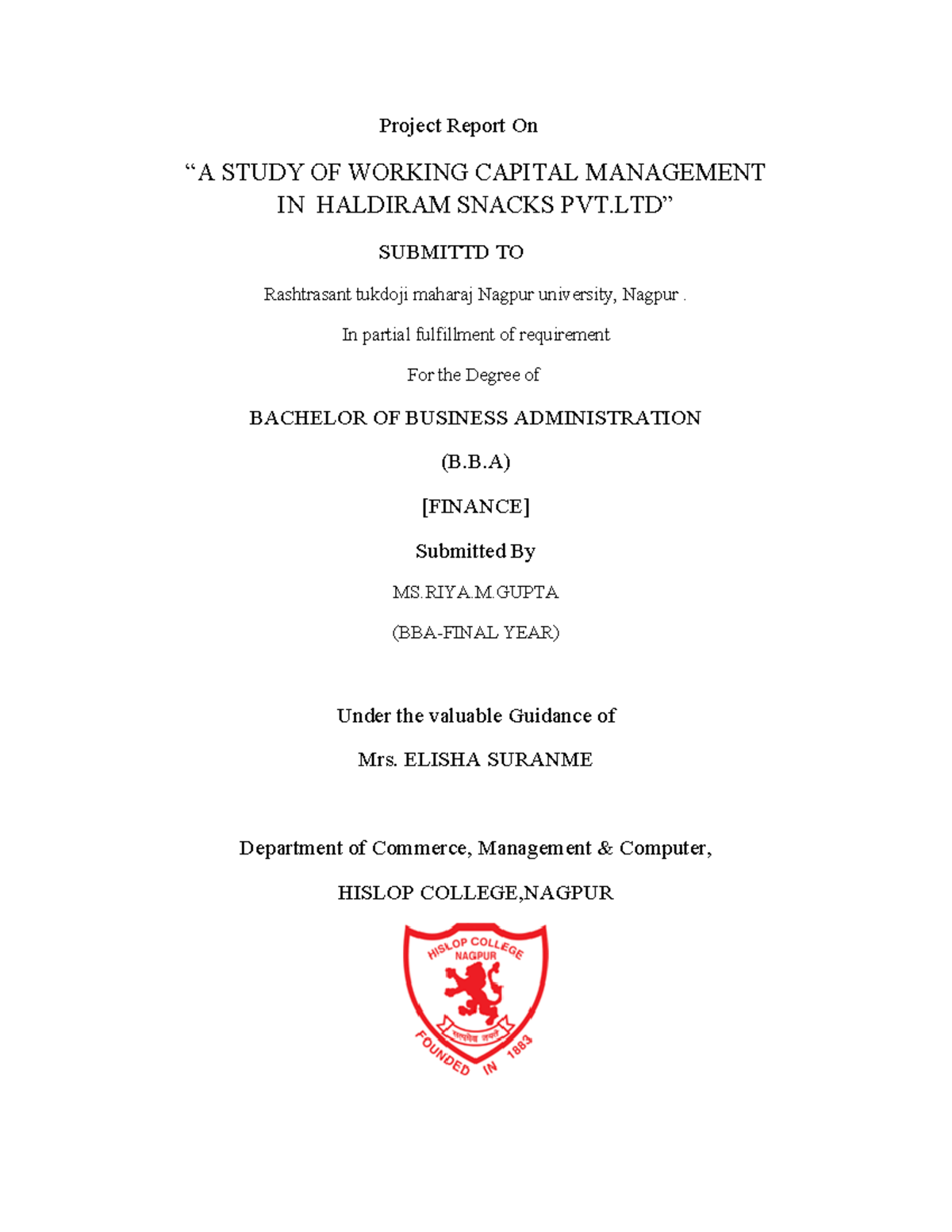 Pdfcoffee - Hhwjwhhsjajsjsjs - Project Report On “A STUDY OF WORKING CAPITAL MANAGEMENT IN ...