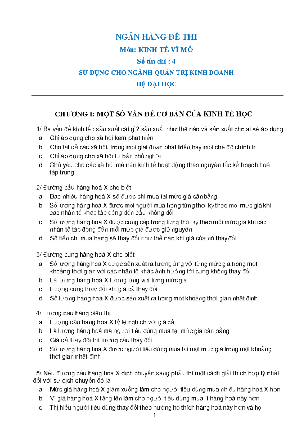 BÀI TẬP KT VĨ MÔ - NGÂN HÀNG ĐỀ THI Môn: KINH TẾ VĨ MÔ Số tín chỉ : 4 SỬ DỤNG CHO NGÀNH QUẢN TRỊ ...