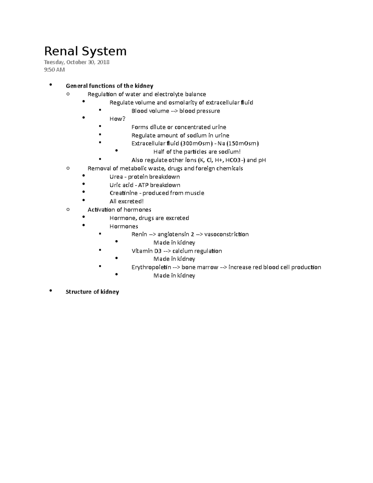 Renal System - Lecture notes 5 - Renal System Tuesday, October 30, 2018 ...