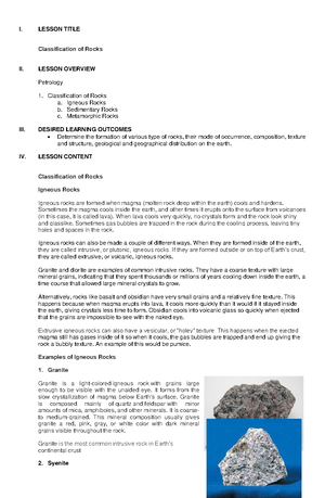 Petrology - I. LESSON TITLE Petrology II. LESSON OVERVIEW Petrology ...