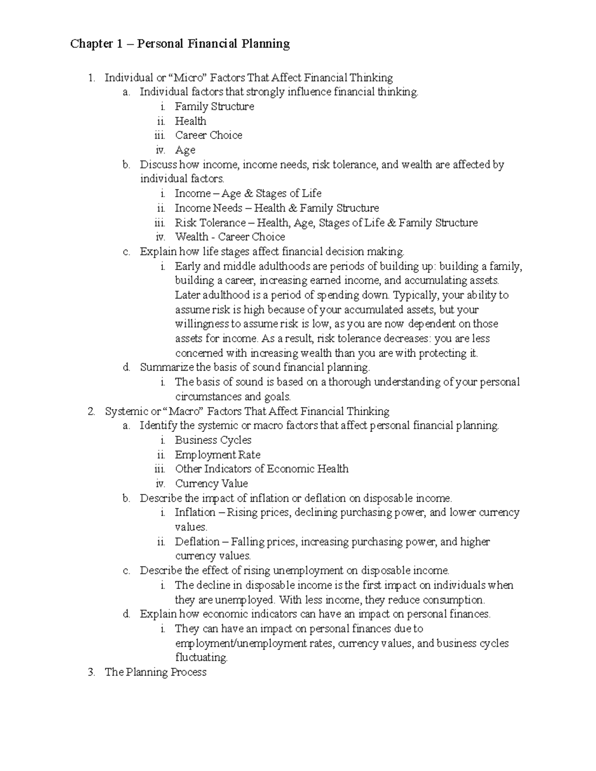 BUS Chapter 1 Notes - Chapter 1 – Personal Financial Planning ...