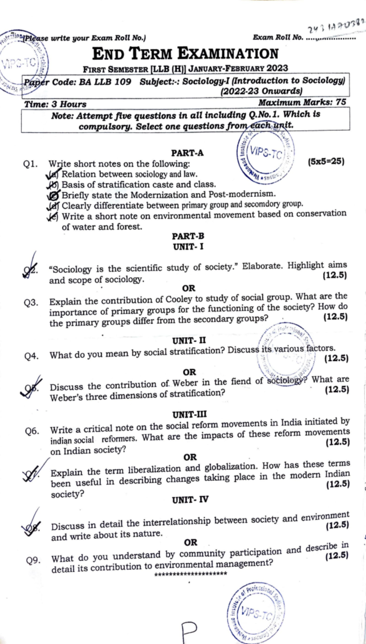 Sociology - /,~ ,-i·':·:y~e write your Exam Roll No.) / "·:\ E T 1 lf 1 ...