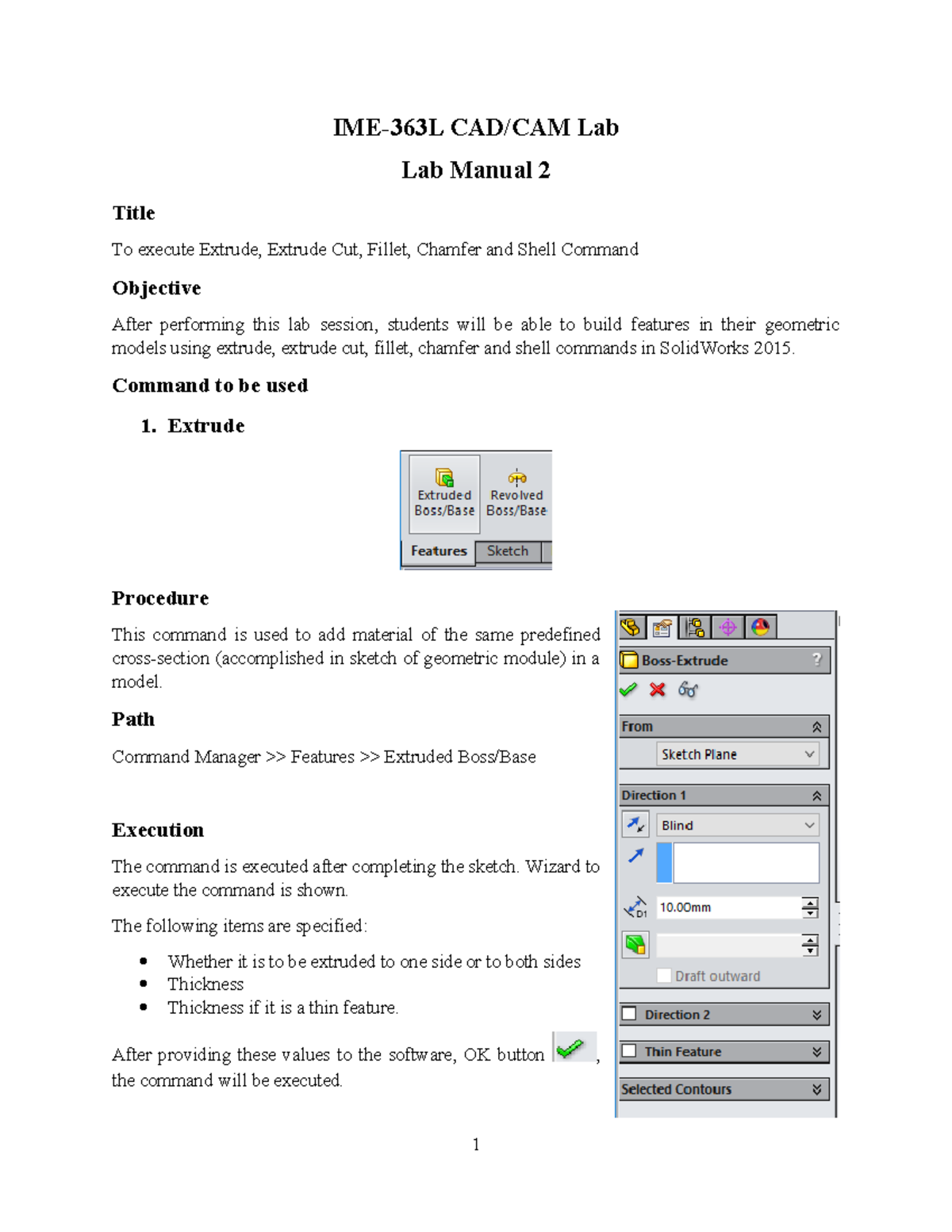Lab Manual 2 - Very nice - IME-363L CAD/CAM Lab Lab Manual 2 Title To execute Extrude, Extrude ...